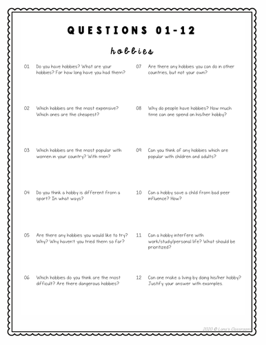Conversation Starters Cards | Hobbies | Middle and High School ...
