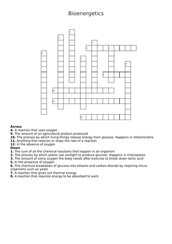 Bioenergetics Crossword - Modifiable | Teaching Resources