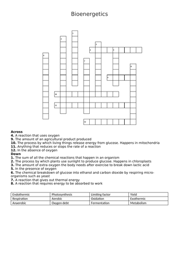 Bioenergetics Crossword - Modifiable | Teaching Resources