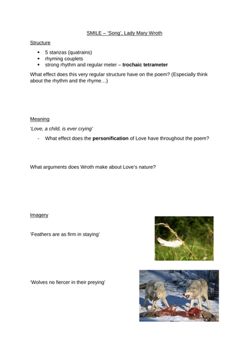 Lady Mary Wroth, 'Song' - Worksheet | Teaching Resources