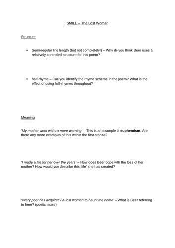 Patricia Beer, 'The Lost Woman' - Worksheet | Teaching Resources