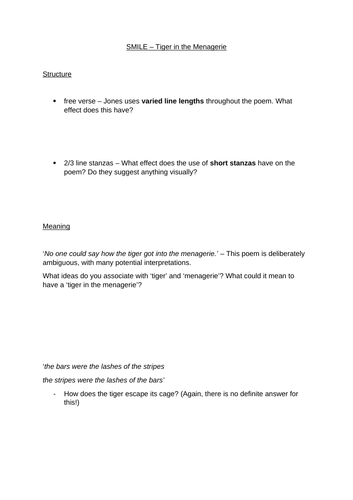 Emma Jones, 'Tiger in the Menagerie' - Worksheet | Teaching Resources