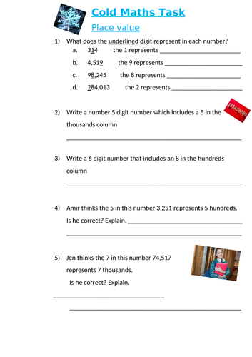 Maths task. Place Value (Cold Maths) | Teaching Resources