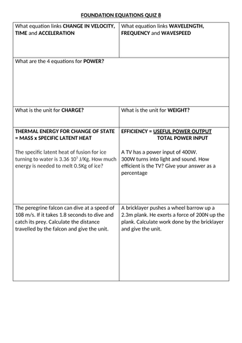 Physics Equation Quizzes | Teaching Resources