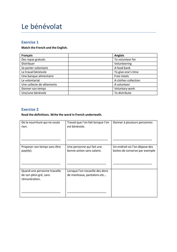 GCSE French Reading and Writing: 'Le Bénévolat' | Teaching Resources