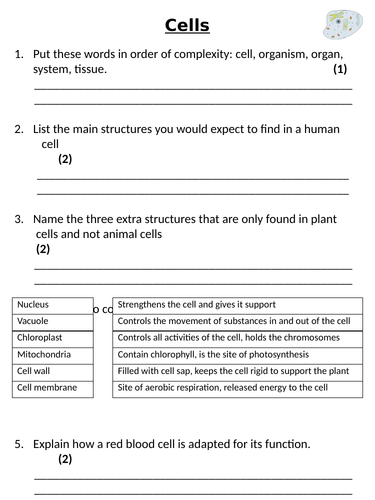 KS3 ~ Year 7 ~ Cells Homework | Teaching Resources