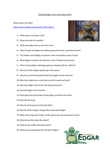 Excitable Edgar - English Comprehesion/activity KS2 John Lewis 2019 ...