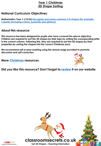 Year 1 Christmas 3D Shape Sorting Activity | Teaching Resources