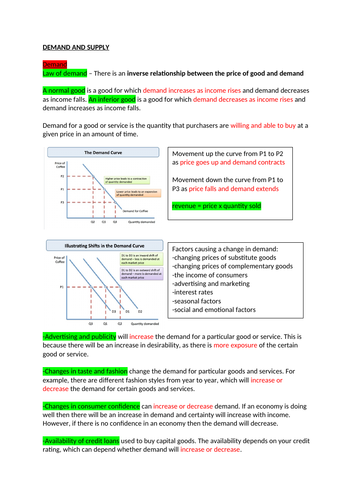 Economics - Demand and Supply notes | Teaching Resources