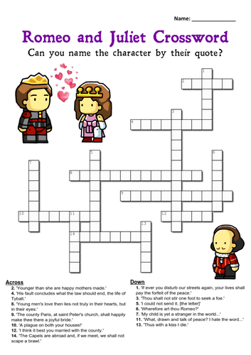 English Literature: Romeo and Juliet Character Quotes Crossword ...