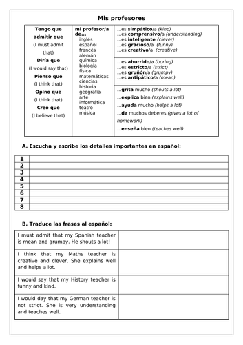 Spanish KS3 GCSE Mis profesores: describing my teachers speaking ...