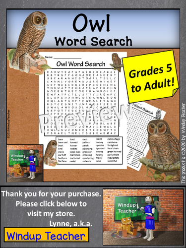 Owl Word Search - Hard for Grades 5 to Adult | Teaching Resources