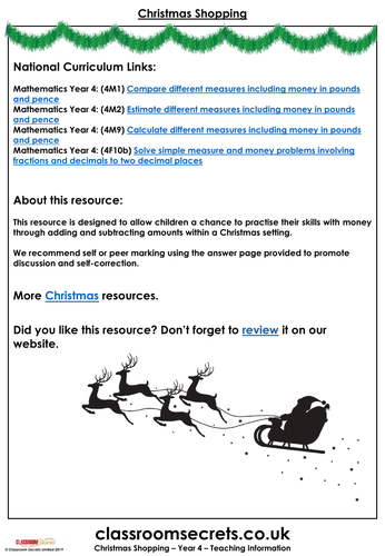 Christmas Year 4 Shopping Maths Activity | Teaching Resources