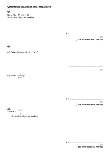 Equations and Inequalities - Mixed Past Paper Questions | Teaching ...