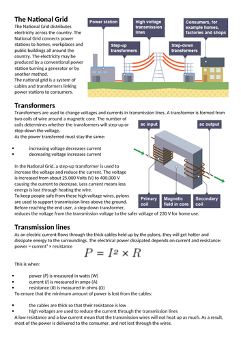 Electricity 13 - National Grid AQA New Physics 9-1 | Teaching Resources