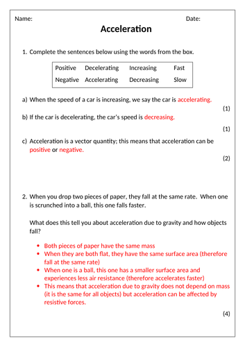 AQA Physics Acceleration Worksheet | Teaching Resources