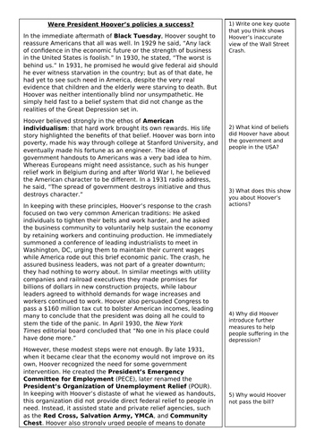 Were President Hoover's policies a success comprehension | Teaching ...