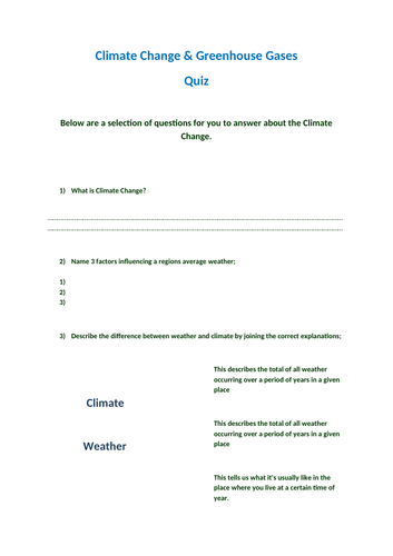 Short Climate Change & Greenhouse Gasses Quiz | Teaching Resources