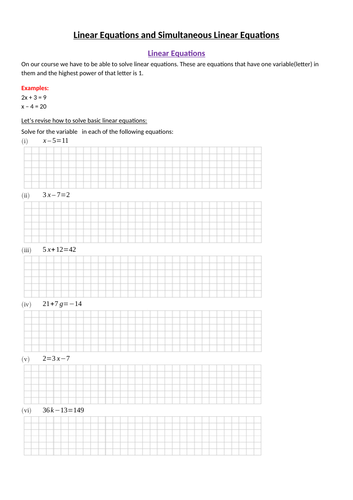 Linear & Simultaneous Equations Booklet of Notes/Practice Questions for ...