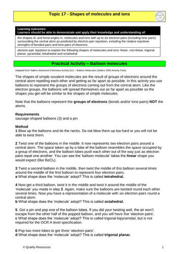 Shapes of molecules and ions OCR AS Chemistry | Teaching Resources
