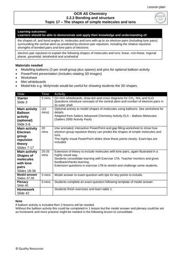 Shapes of molecules and ions OCR AS Chemistry | Teaching Resources