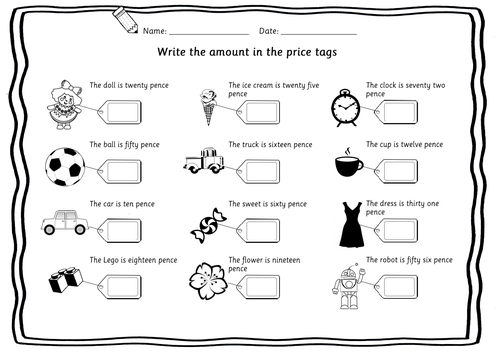Year 1 / Year 2 money read and write prices 3 differentiated worksheets ...
