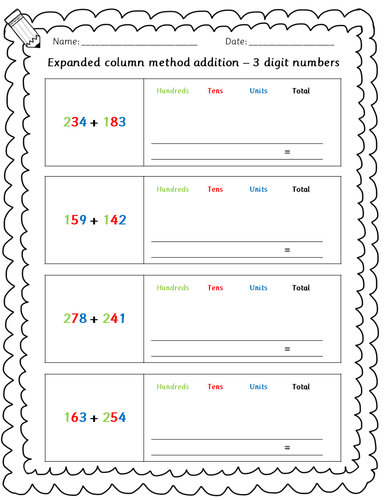 Year 3 / Year 4 Expanded column method - 2-digits and 3-digits with ...