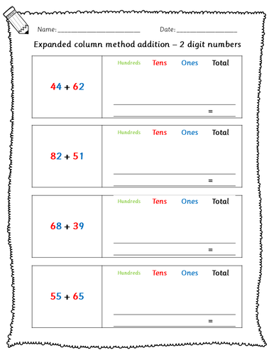 Year 3 / Year 4 Expanded column method - 2-digits and 3-digits with ...