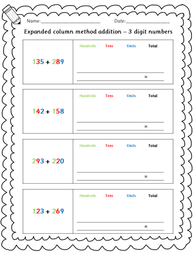 Year 3 / Year 4 Expanded column method - 2-digits and 3-digits with ...