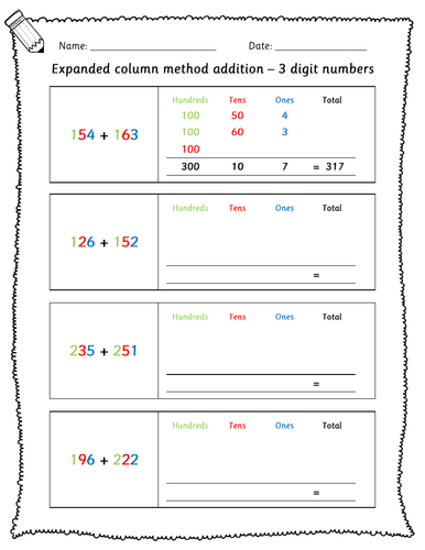 Year 3 / Year 4 Expanded column method - 2-digits and 3-digits with ...