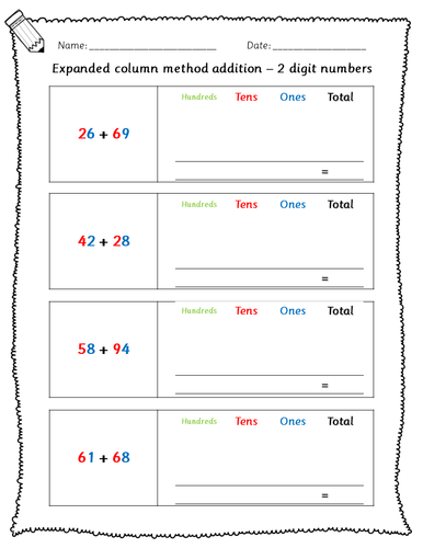 Year 3 / Year 4 Expanded column method - 2-digits and 3-digits with ...