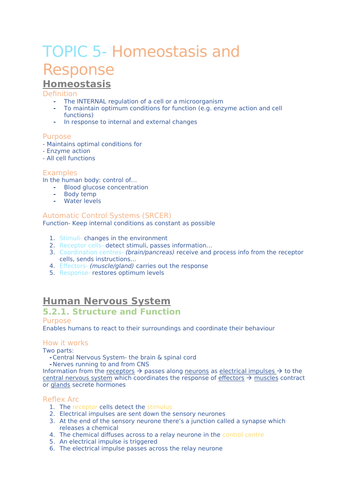 GCSE Biology- Homeostasis & Response Notes | Teaching Resources