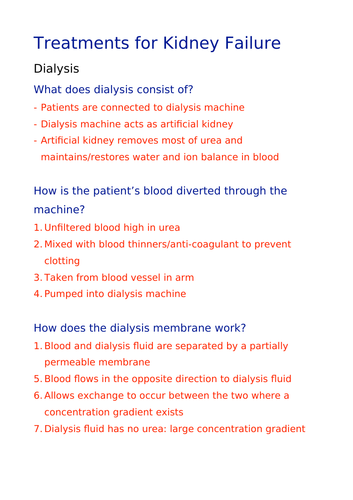 GCSE Biology- Kidney Treatment Fact Sheet | Teaching Resources