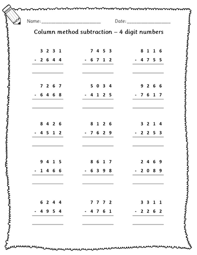 Year 3 / 4 Column method subtraction - differentiated worksheets - 2 ...