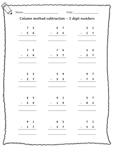 Year 3 / 4 Column method subtraction - differentiated worksheets - 2 ...