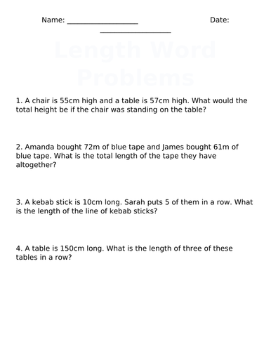 Length Word Problems Worksheet | Teaching Resources