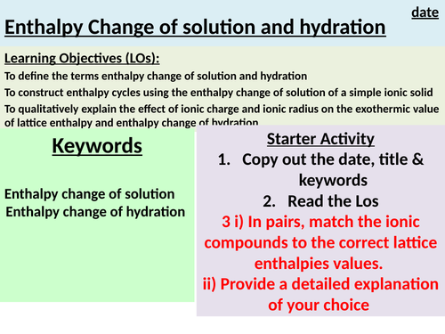 Enthalpy Change of Hydration & Solution | Teaching Resources
