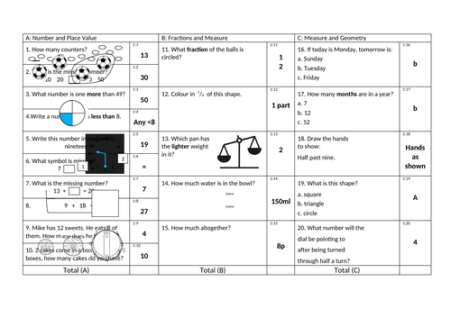 Maths quiz Year 1 | Teaching Resources