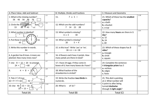 Maths quiz Year 2 | Teaching Resources