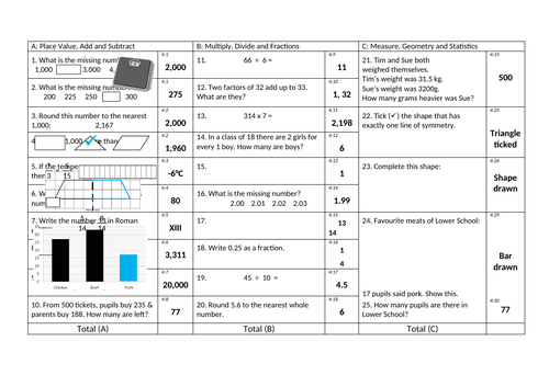 Maths quiz Year 4 | Teaching Resources