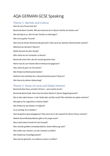 AQA GCSE German Speaking Questions List | Teaching Resources