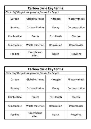 Carbon cycle Bingo cards | Teaching Resources