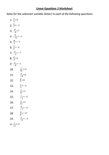 Solving Linear Equations 3 including Worksheet and Solutions | Teaching ...