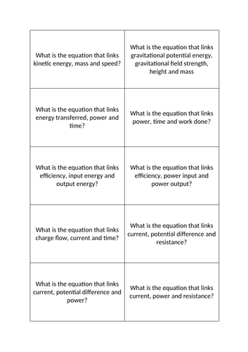 Physics equation revision cards | Teaching Resources
