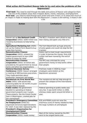 President Hoover's actions during the Great Depression worksheet ...