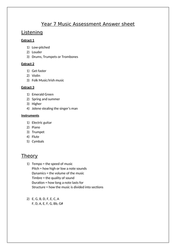 Year 7 Music Assessment paper and answers | Teaching Resources