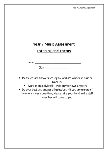 Year 7 Music Assessment paper and answers | Teaching Resources