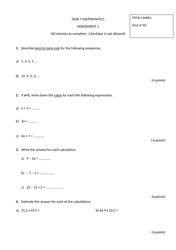 Maths Test Year 7 Word doc. | Teaching Resources