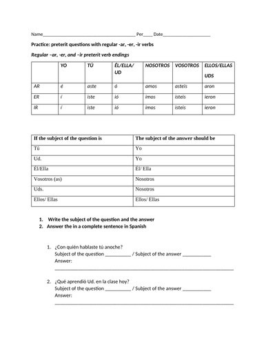 Questions with regular preterit verbs | Teaching Resources