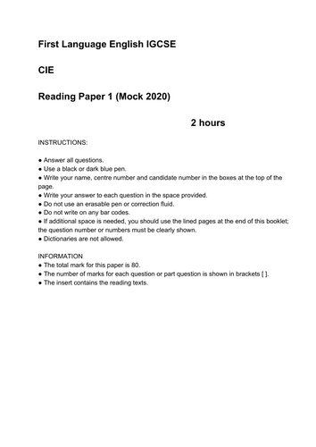 CIE IGCSE First Language English Mock Reading Paper with Mark Scheme ...
